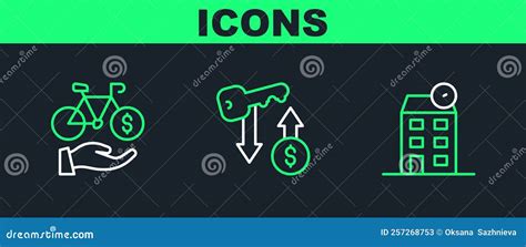 Set Line House Bicycle Rental Mobile App And Rent Key Icon Vector