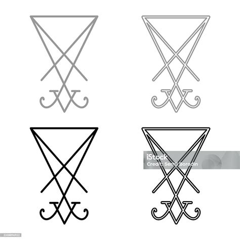 루시퍼의 사인 인감 사탄 루시퍼 기호 세트 아이콘 회색 블랙 컬러 벡터 일러스트 레이 션 이미지 솔리드 채우기 개요 윤곽선 선 얇고 평평한 스타일 0명에 대한 스톡 벡터