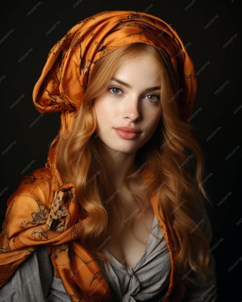 Retrato De Uma Linda Garota Ruiva Com Lenço Laranja Em Fundo Preto