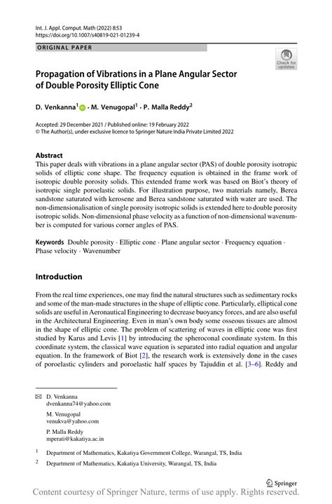 Propagation Of Vibrations In A Plane Angular Sector Of Double Porosity Elliptic Cone Request Pdf