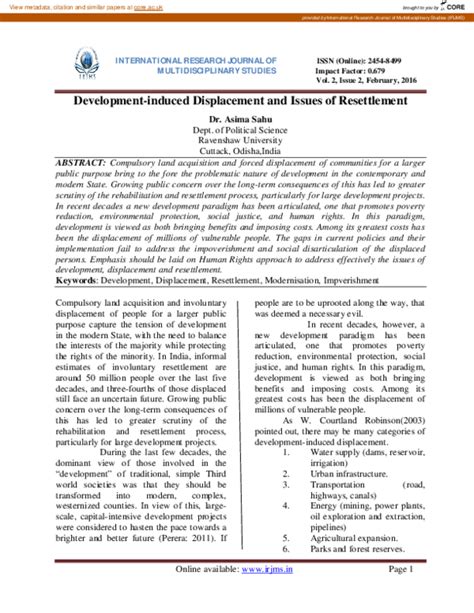 Pdf Development Induced Displacement And Issues Of Resettlement