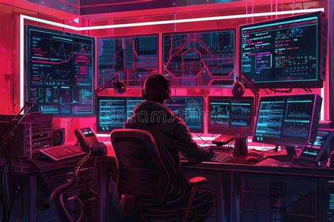 A Hacker Focuses Intently At A Desk Filled With Glowing Screens In A Dark Room Analyzing