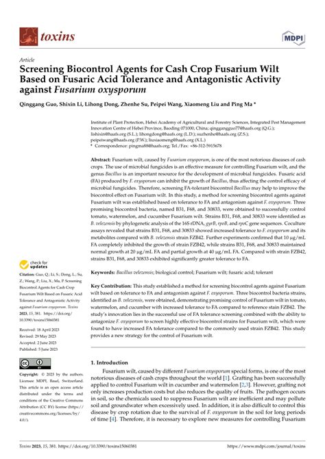 Pdf Screening Biocontrol Agents For Cash Crop Fusarium Wilt Based On Fusaric Acid Tolerance