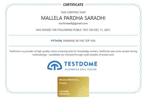 Python Programming Testdome Certificateofachievement Certificate