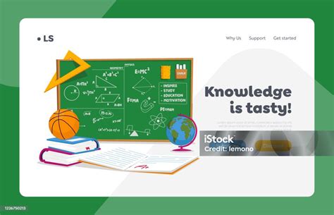 교육 및 학교 수업 방문 페이지 템플릿입니다 교과서 우수한 마크와 노트북 농구 공 글로브와 서면 수식 칠판의 통치자 라운드 만화 벡터 일러스트레이션 0명에 대한 스톡 벡터