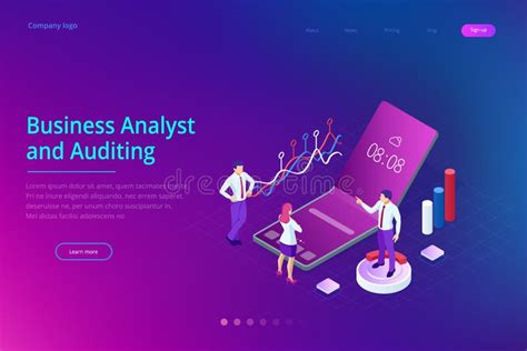 Landing Page With Isometric Business And Finance Analysts Analyzing Key Performance Indicators
