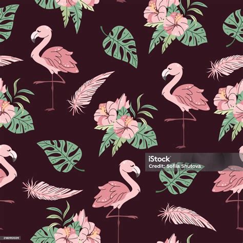 플랫 스타일에 귀여운 플라밍고와 함께 완벽 한 패턴 열대 조류 히비스커스 및 나뭇잎과 함께 반복되는 배경 직물 벽지 포장지