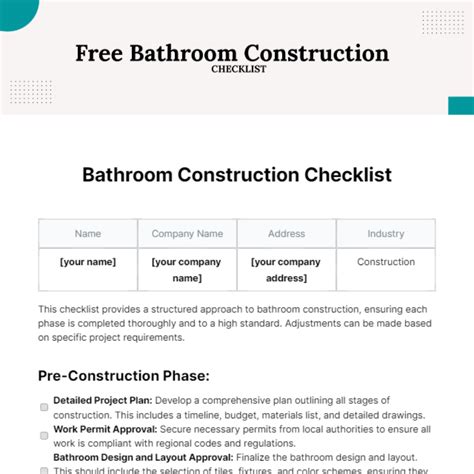 Free Bathroom Construction Checklist Template Edit Online And Download