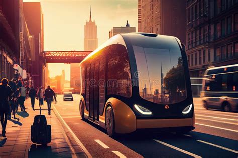 Autonomous Shuttle Ferrying Passengers To Their Destinations On The Busy Streets Of The City
