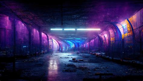 네온 조명이 있는 오래된 버려진 지하 벙커의 래스터 그림 Underpass Metor 진흙 덤프 포스트 묵시록 방치 창고 스톡