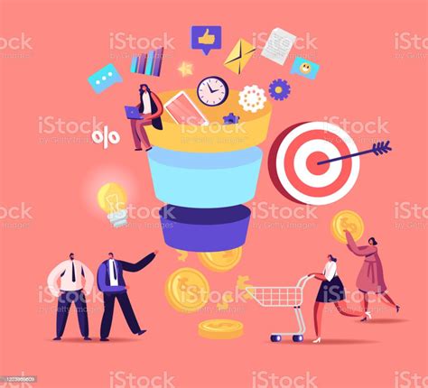 작은 문자는 거대한 판매 깔때기에 돈을 넣어 디지털 마케팅 리드 세대 전략 구매자 전환율 최적화 개념 깔때기 마케팅 만화 벡터