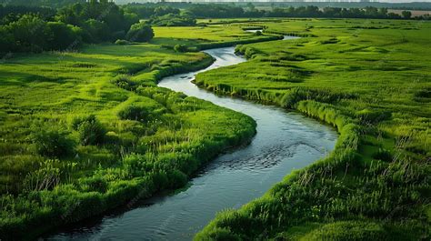 A Lush Green Landscape With A River Running Through It The River Is