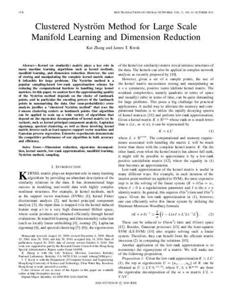 Pdf Clustered Nystrom Method For Large Scale Manifold Learning And