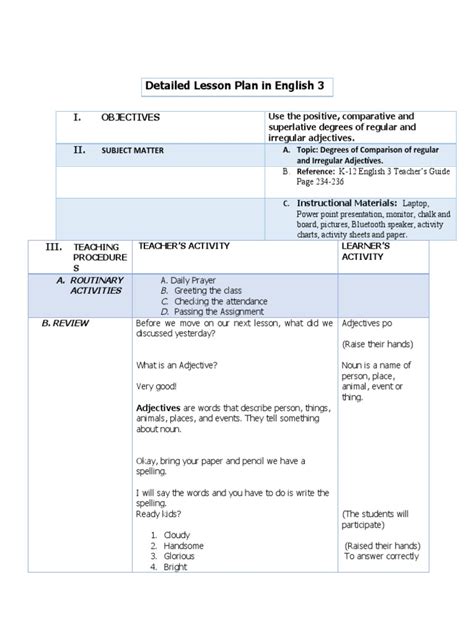 Detailed Lesson Plan In English 3 Pdf Adjective Syntax