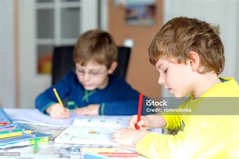 집에서 숙제를 만드는 두 어린 아이 소년 작은 집중 된 어린이 는 실내 다채로운 연필로 쓰고 있습니다 초등학교 및 교육 형제 자매와 가장 친한 친구 학습 고등학교 이하에
