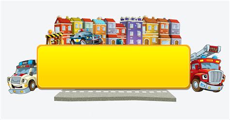 도시 외관 자동차와 소방 서 경찰 Ana 구급차와 거리와 배너제목 페이지와 만화 장면 거리에 대한 스톡 벡터 아트 및 기타