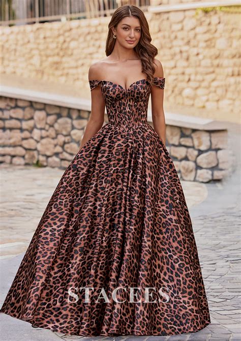 Leopard Print A Line Off The Shoulder Corset Satin Prom Dress With