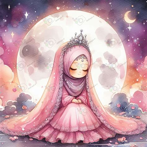 بک گراند کودکانه ماه و دختر زیبای محجبه با لباس صورتی کد 41217ویژه عکس