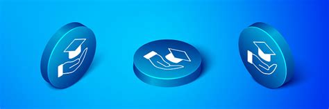 등각 투영 교육 보조금 아이콘은 파란색 배경에 고립되어 있습니다 등록금 재정 교육 예산 기금 장학금 프로그램 졸업 모자 파란색 원 버튼 벡터 3차원 형태에 대한 스톡 벡터