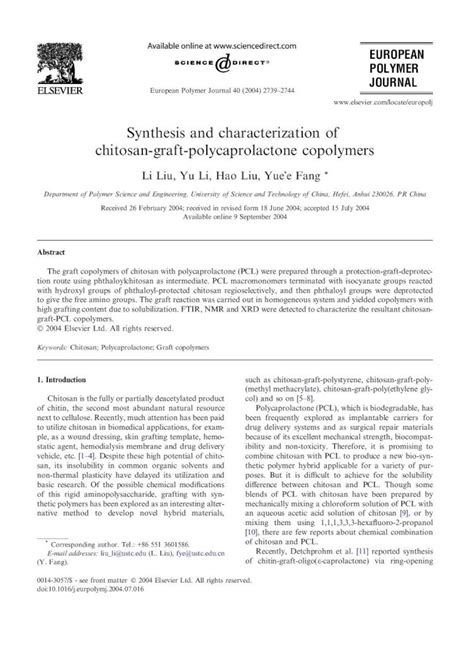Pdf Synthesis And Characterization Of Chitosan Graft Polycaprolactone