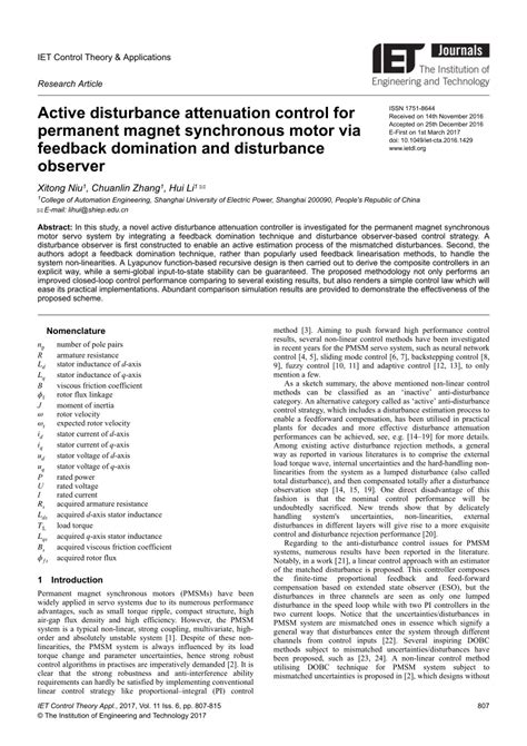 Pdf Active Disturbance Attenuation Control For Permanent Magnet Synchronous Motor Via Feedback