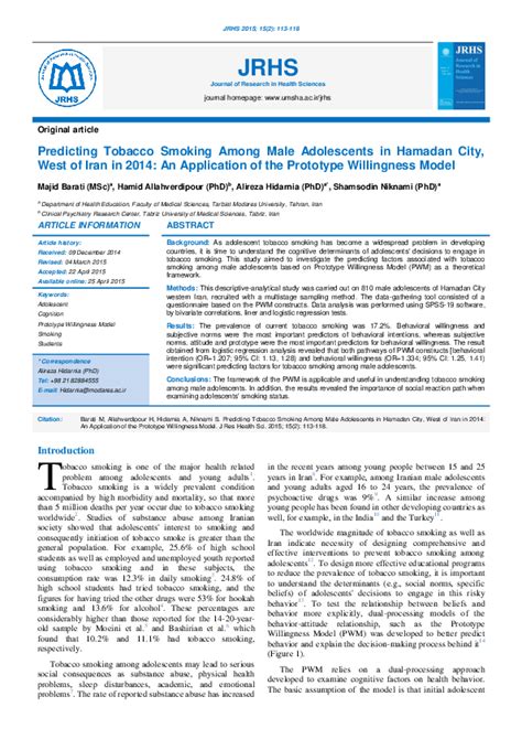 Pdf Predicting Tobacco Smoking Among Male Adolescents In Hamadan City