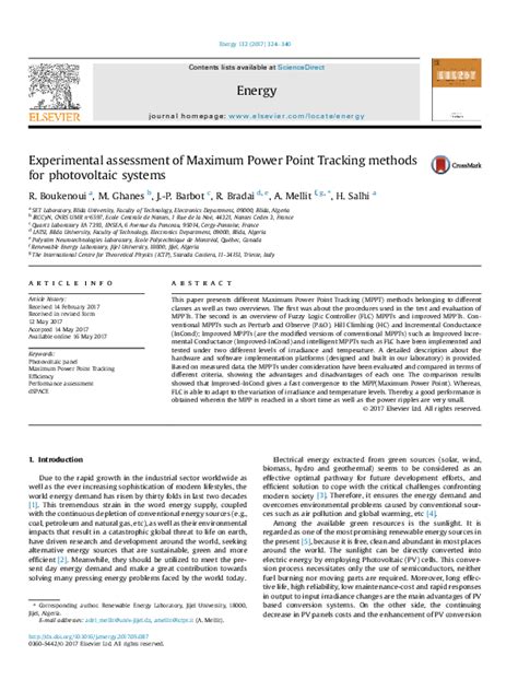 Pdf Experimental Assessment Of Maximum Power Point Tracking Methods For Photovoltaic Systems