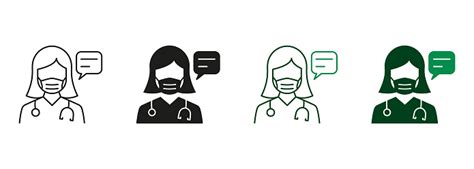 말풍선이 있는 안면 마스크를 쓴 의사 여자 헬스케어 채팅 라인과 실루엣 아이콘 세트 의사 대화 상담 픽토그램 메딕 블랙 및 컬러 사인 컬렉션 격리된 벡터 그림 Brand
