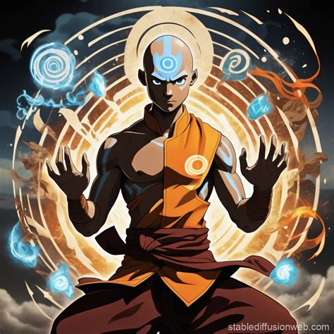 Avatar Aang In Avatar State Surrounded By Elements And Their Symbols