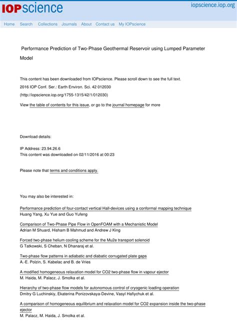 Pdf Performance Prediction Of Two Phase Geothermal Reservoir Using Lumped Parameter Model