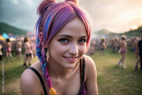 A Beautiful Young Girl In A Bikini Is Resting And Having Fun At The Outdoor Festival In Nature