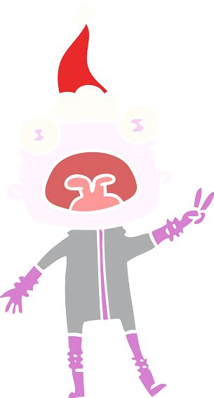 산타 모자를 쓰고 손을 흔드는 이상한 외계인의 손으로 그린 평면 컬러 그림 0명에 대한 스톡 벡터 아트 및 기타 이미지 0명