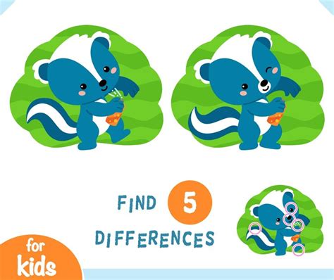 어린이를 위한 차이점 찾기 교육 게임 만화 캐릭터 스컹크 프리미엄 벡터