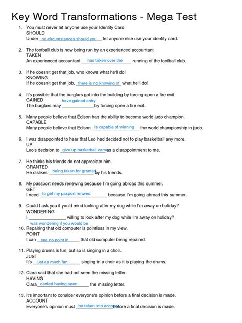 Key Word Transformations Mega Test Pdf