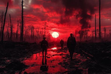 Cursed Battlefield With Ghostly Soldiers And A Bloodred Sky Premium