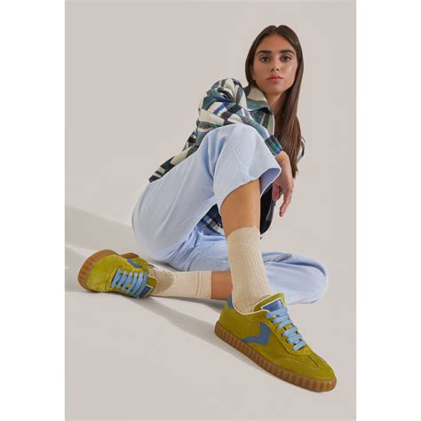 Ines Leather And Suede Sneakers Army Green Light Blue