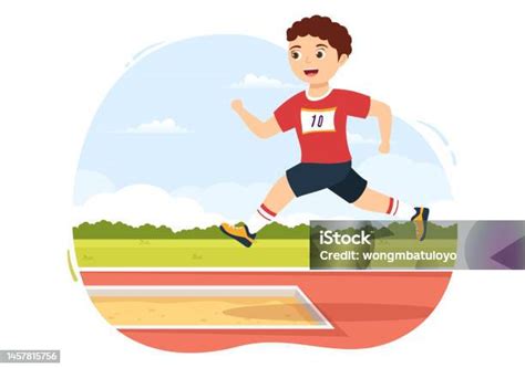 스포츠 선수권 대회 플랫 만화 손으로 그린 템플릿의 웹 배너 또는 랜딩 페이지를 위해 모래 구덩이에서 점프를 하는 아이들과 함께 긴 점프 그림 러닝 트랙에 대한 스톡 벡터