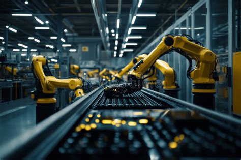Robotic Arms Working In Modern Factory With Conveyor Belt Stock