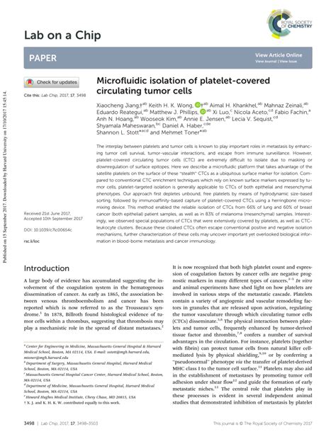Pdf Microfluidic Isolation Of Platelet Covered Circulating Tumor Cells