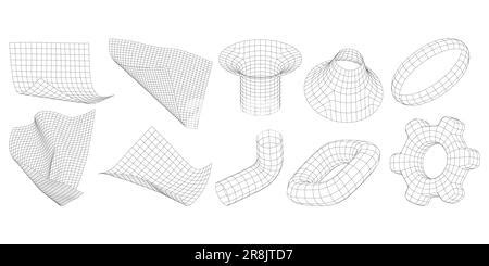 Wireframe Forms Set Geometric Surface Grid Of Different Shape Distorted Perspective Planes And