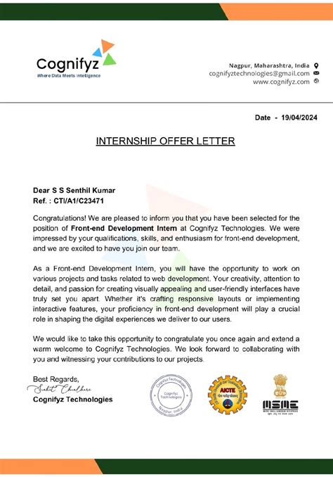 Cognifyz Cognifyztech Cognifyztechnologies Internshipaccepted Senthil Kumar