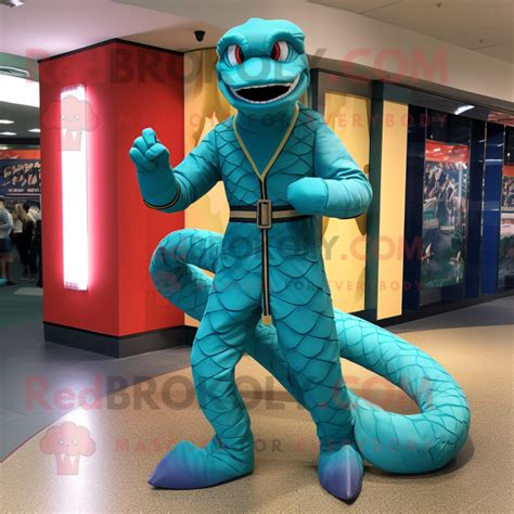 turquoise python mascot costume character dressed with a leggings and