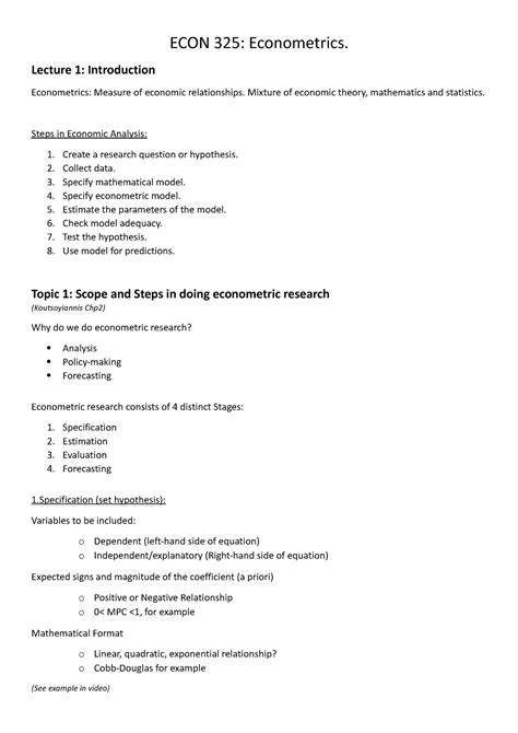 Econ 325 Slides Econ 325 Econometrics Lecture 1 Introduction Econometrics Measure Of
