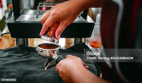 포터필터를 들고 있는 바리스타와 에스프레소 커피를 만드는 커피 탬퍼의 손 바리스타는 커피숍에서 탬퍼를 사용하여 분쇄 커피를 압착합니다 갈색에 대한 스톡 사진 및 기타 이미지