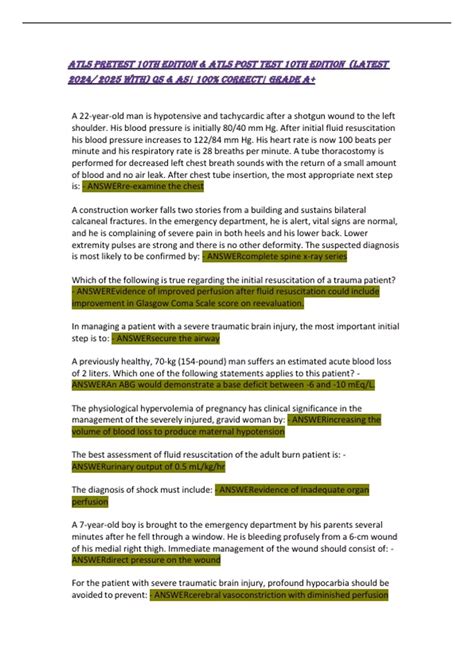 Atls Pretest 10th Edition And Atls Post Test 10th Edition Latest 2024 2025 With Qs And As 100