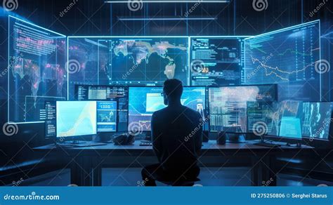 a man sitting at a desk in front of multiple computer screens ai