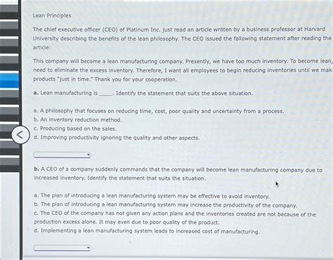 Solved Lean PrinciplesThe chief executive officer (CEO) ﻿of | Chegg.com