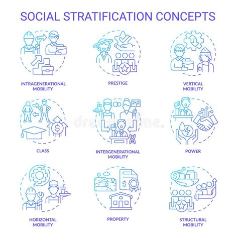 Social Stratification And Mobility Blue Gradient Concept Icons Stock