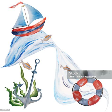 바다 보트 구명 부표 닻 및 해초의 수채화 구성 자체 제작 티셔츠 엽서 배너 머그잔에 인쇄하여 다양한 작곡에 사용할 수 있습니다 구명 기구에 대한 스톡 벡터 아트 및 기타