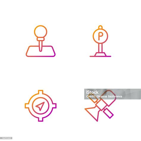 세트 라인 위성 나침반 푸시 핀 및 주차 그라데이션 색상 아이콘입니다 벡터 가리키기에 대한 스톡 벡터 아트 및 기타 이미지
